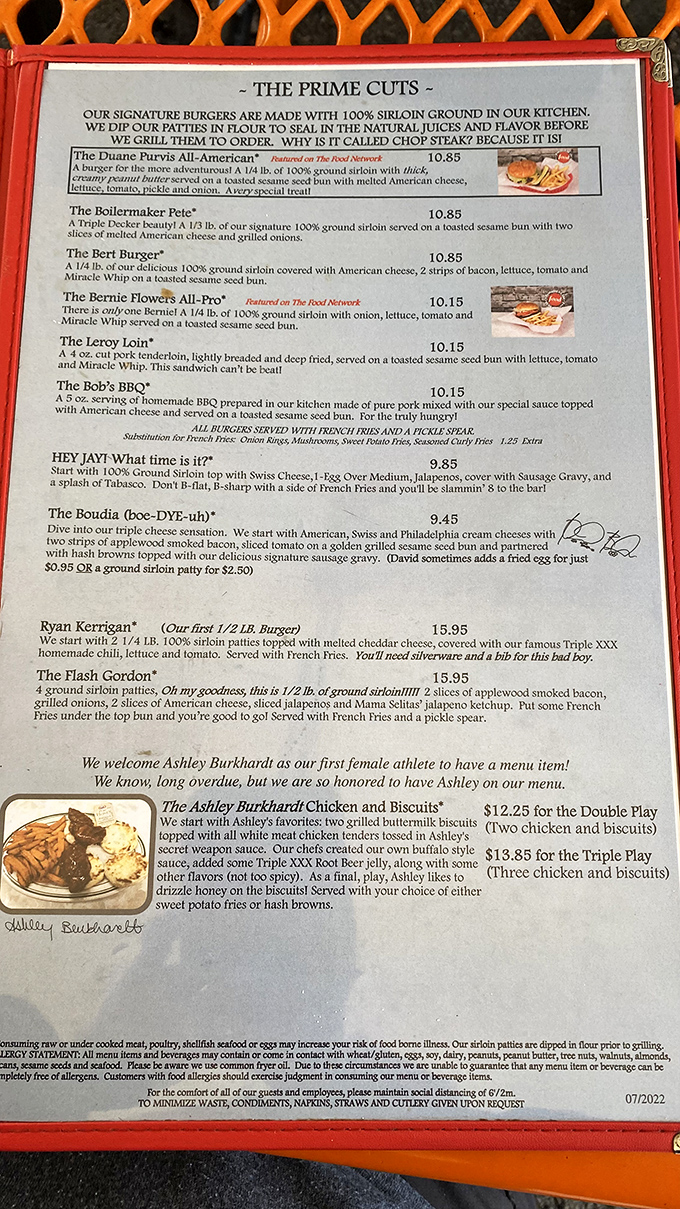 A menu that reads like a hall of fame for both burgers and Purdue athletes. The peanut butter burger isn't madness—it's method.