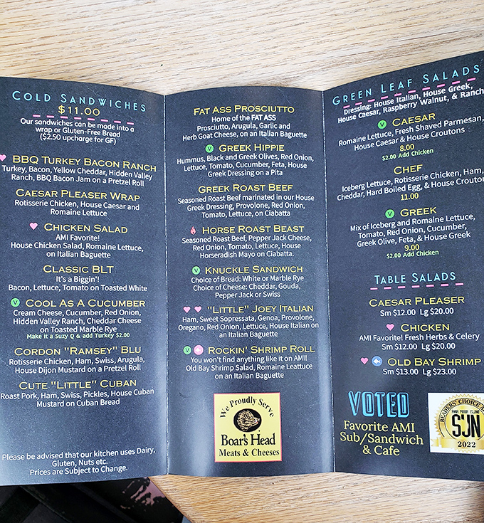 This menu doesn't just list sandwiches—it's a roadmap to flavor town with stops like "Fat Ass Prosciutto" and "Horse Roast Beast."