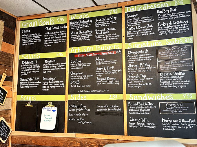 The chalkboard menu reads like a love letter to comfort food enthusiasts. Each description promises a culinary adventure worth the drive to Little Orleans.