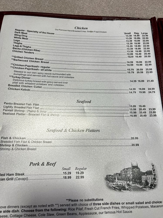 A menu that knows its purpose in life – to guide hungry souls through the promised land of perfectly fried poultry and Eastern European specialties.