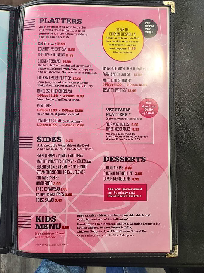 The pink menu speaks volumes: straightforward, focused, and right to the point—just like Kentucky itself. That roast beef is calling your name.