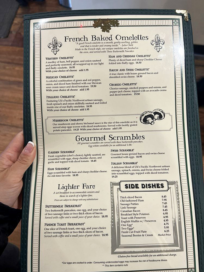 The menu reads like breakfast poetry—French baked omelets that would make Julia Child swoon and scrambles worth setting an alarm for.