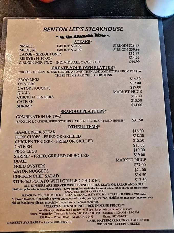 Menu: Decisions, decisions! Beyond the legendary steaks lurk gator nuggets and frog legs—proof that adventure comes in all flavors at this rural hideaway.