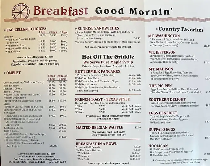 This menu isn't just a list—it's a roadmap to happiness. The "Egg-cellent Choices" section alone could solve most of life's problems.