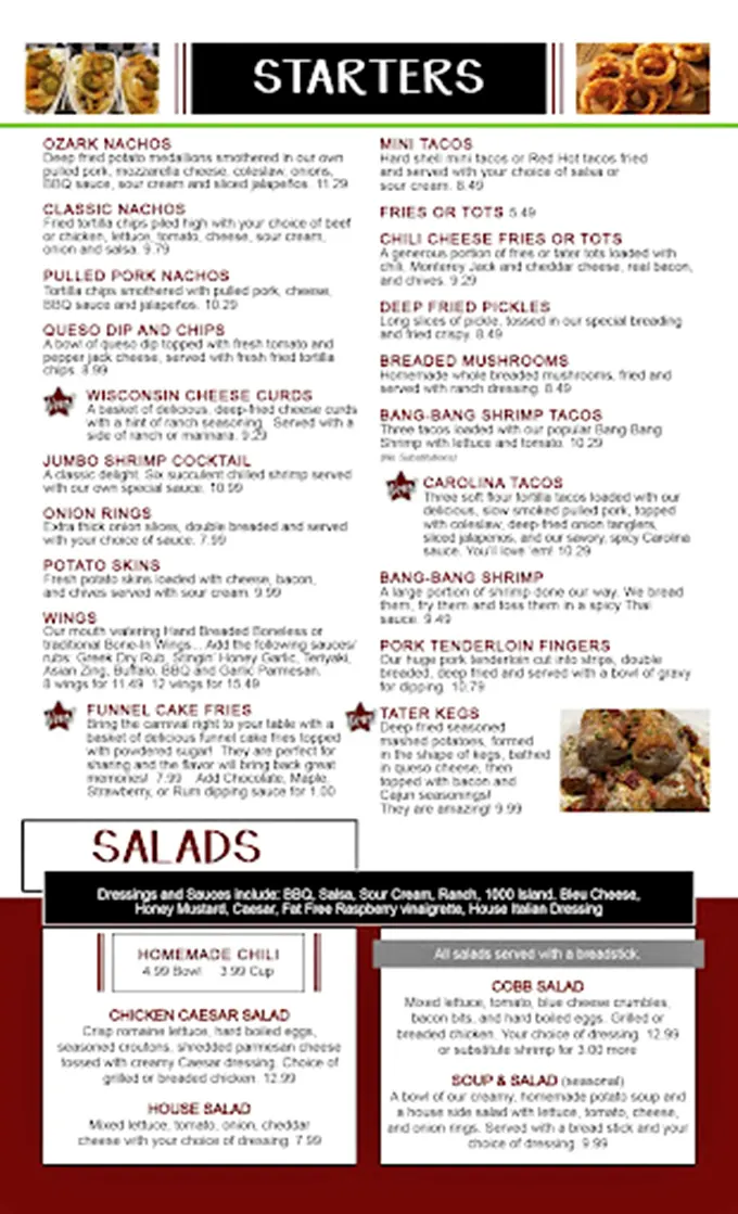 The menu reads like a love letter to American comfort food, with stars marking house specialties that shouldn't be missed.