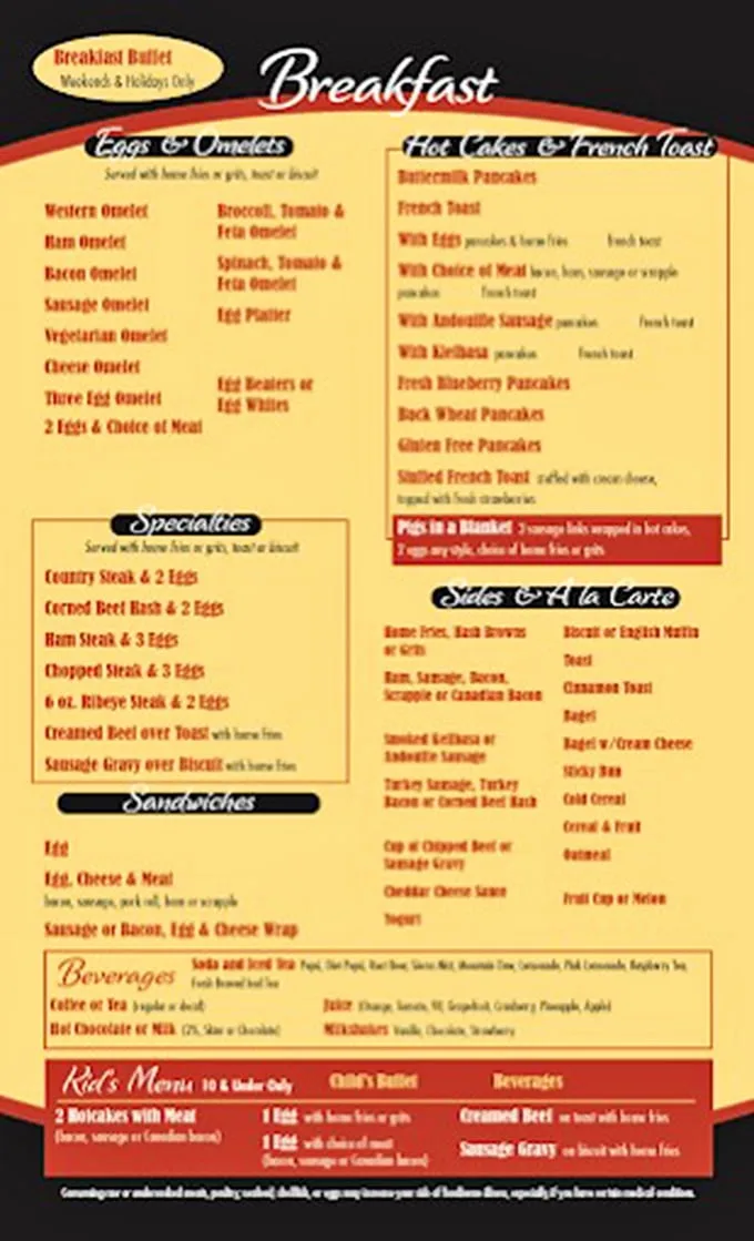 This menu isn't just a list of food—it's a roadmap to happiness. The breakfast section alone could solve most of life's problems.