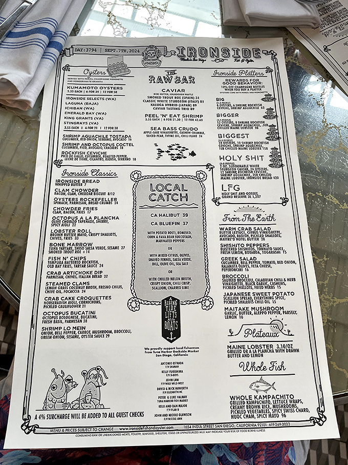 This isn't just a menu – it's a treasure map where X marks the spot for "Holy Shit" platters and lobster rolls worth crossing oceans for.