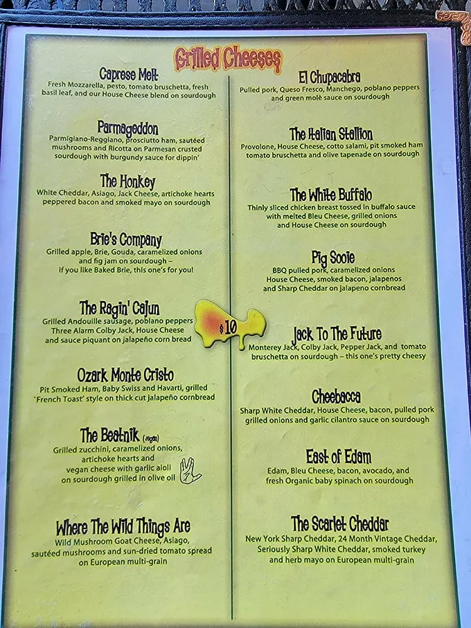 This menu isn't just a list—it's a love letter to grilled cheese with names as creative as the combinations themselves.