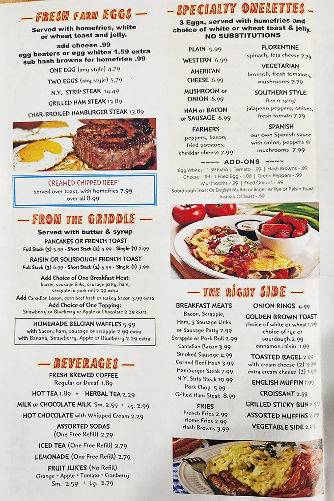 This menu isn't just a list of food—it's a roadmap to happiness. The specialty omelettes section alone deserves its own ZIP code.
