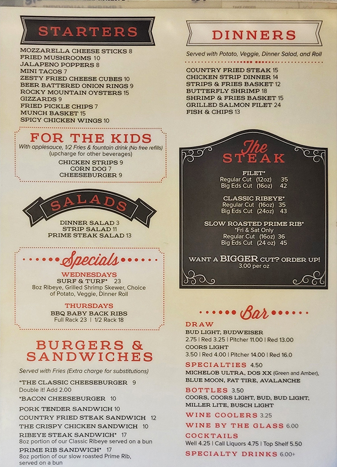 A menu that doesn't mince words – just meat. The "Want a bigger cut? Order up!" speaks volumes about Big Ed's philosophy.