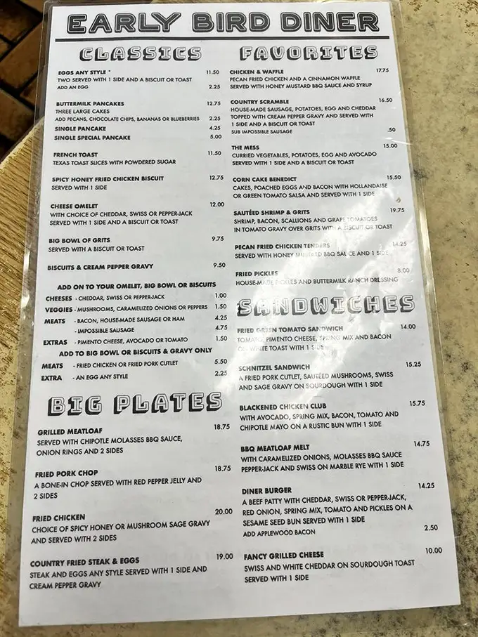 This menu isn't just a list—it's a treasure map where X marks the chicken and waffle. Choose your breakfast destiny wisely.