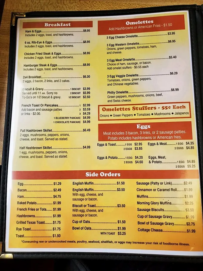 This menu isn't trying to impress with fancy fonts or pretentious descriptions—it's too busy listing honest food at prices that won't make your wallet weep.