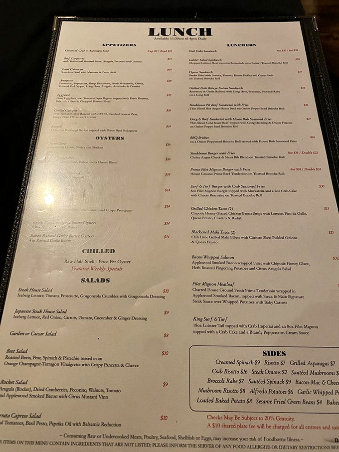 This isn't just a menu – it's a roadmap to happiness with "Steak House Salad" and "Surf & Turf" serving as particularly enticing destinations.