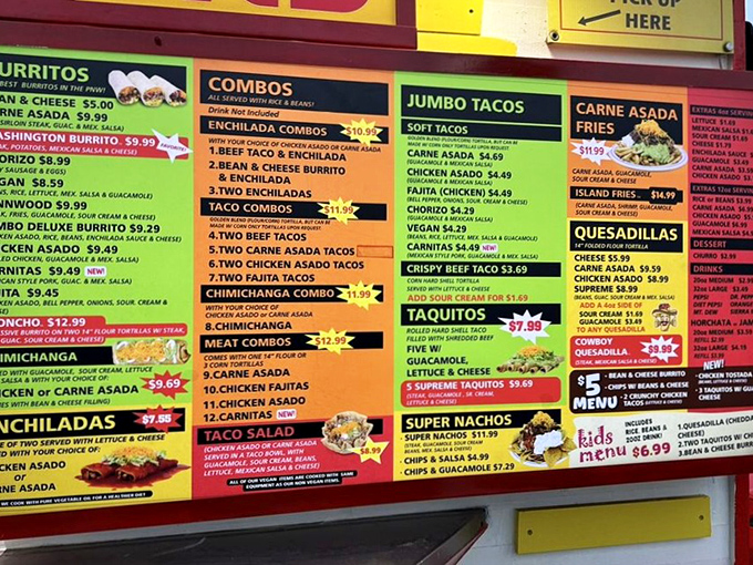 The menu board – a roadmap to happiness with the green chili burrito as your ultimate destination.