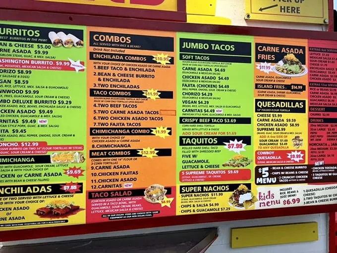 The menu board – a roadmap to happiness with the green chili burrito as your ultimate destination.