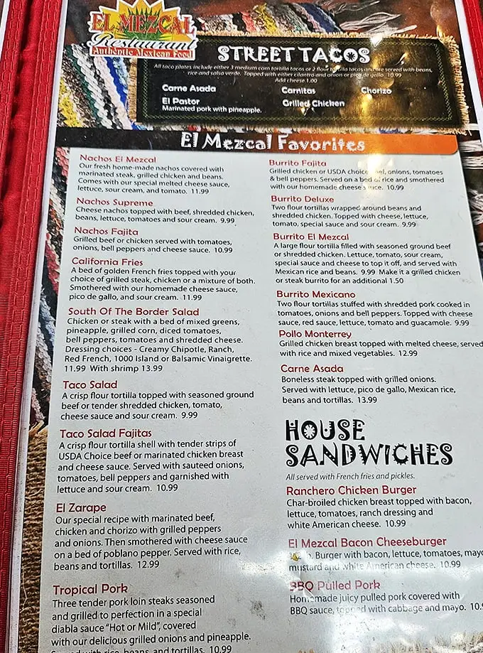 The menu reads like a passport to flavor country. Pro tip: anything with "El Mezcal" in the name deserves your immediate attention.