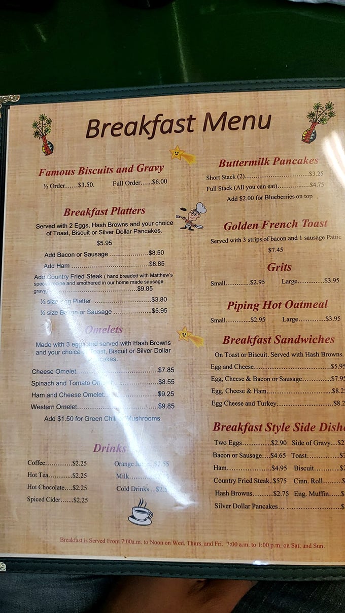 This menu isn't trying to reinvent breakfast—it's perfecting it. The "Famous Biscuits and Gravy" isn't just a name; it's a well-earned reputation.