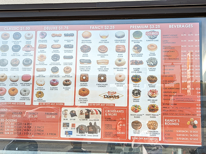 The menu board at Randy's – a roadmap to happiness that somehow makes choosing just one donut mathematically impossible.