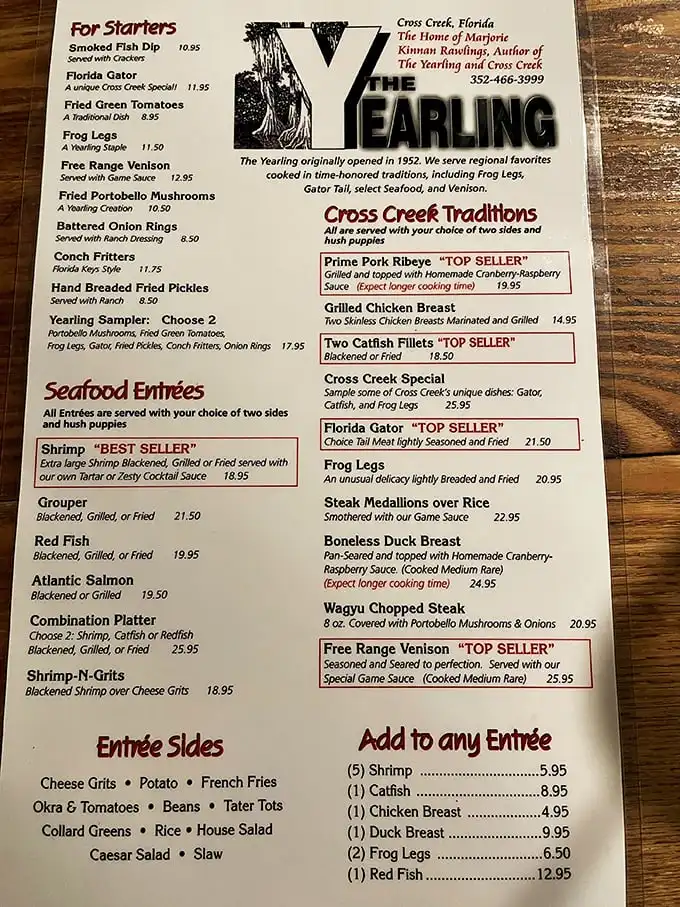 A menu that reads like Florida's greatest hits. From gator tail to venison, each dish tells a story of Cross Creek's wild abundance.