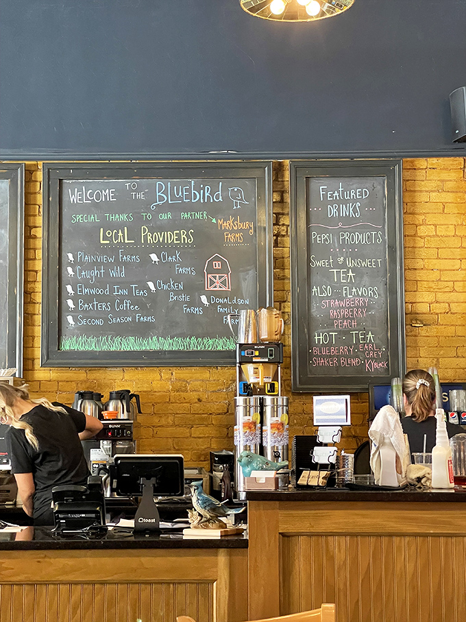 Farm-to-table isn't just a buzzword here—The Bluebird's chalkboard proudly displays local partners who make each bite a taste of Kentucky.
