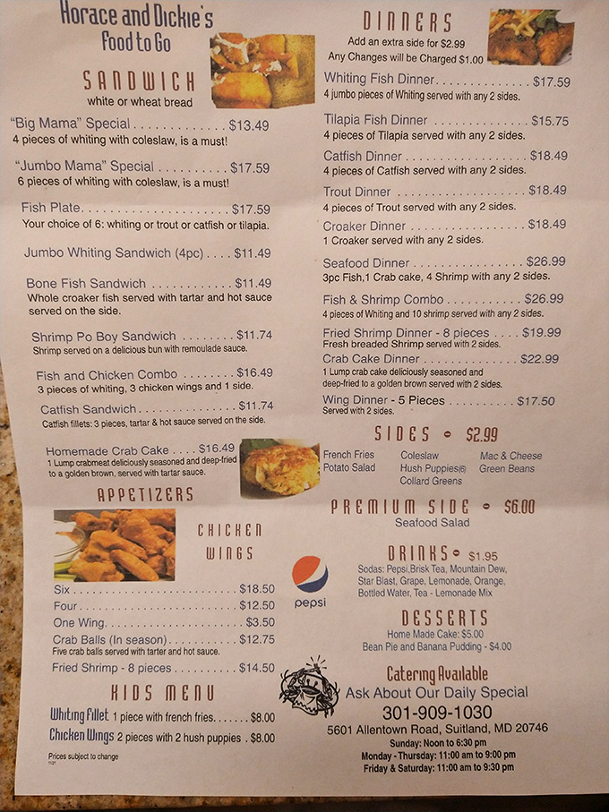 This menu isn't just a list of options – it's a roadmap to seafood nirvana. The "Big Mama" and "Jumbo Mama" specials aren't kidding around.