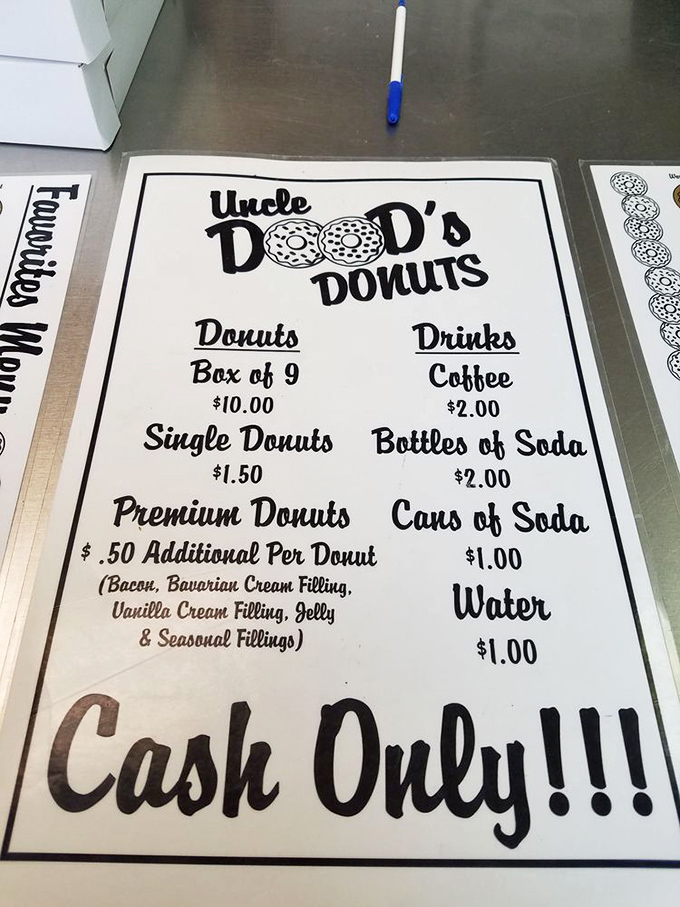 Simple menu, extraordinary results. Cash was king when this photo was taken, though newer signs suggest plastic has joined the payment party.