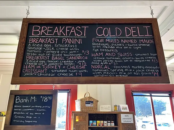 The chalkboard menu reads like poetry for the hungry traveler. "Four Mules Named Maude" isn't just a sandwich—it's the beginning of a delicious story.