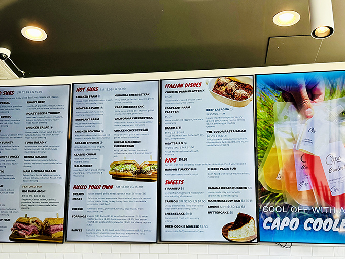 The menu board – a roadmap to happiness. Study it carefully, but know that all roads lead to cheesesteak nirvana.