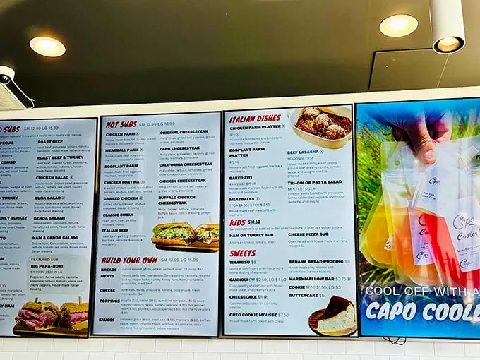 The menu board – a roadmap to happiness. Study it carefully, but know that all roads lead to cheesesteak nirvana.