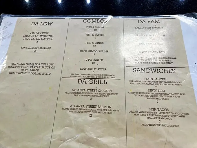 This isn't just a menu—it's a roadmap to happiness. "Da Low" to "Da Fam" covers all appetite territories with seafood swagger.