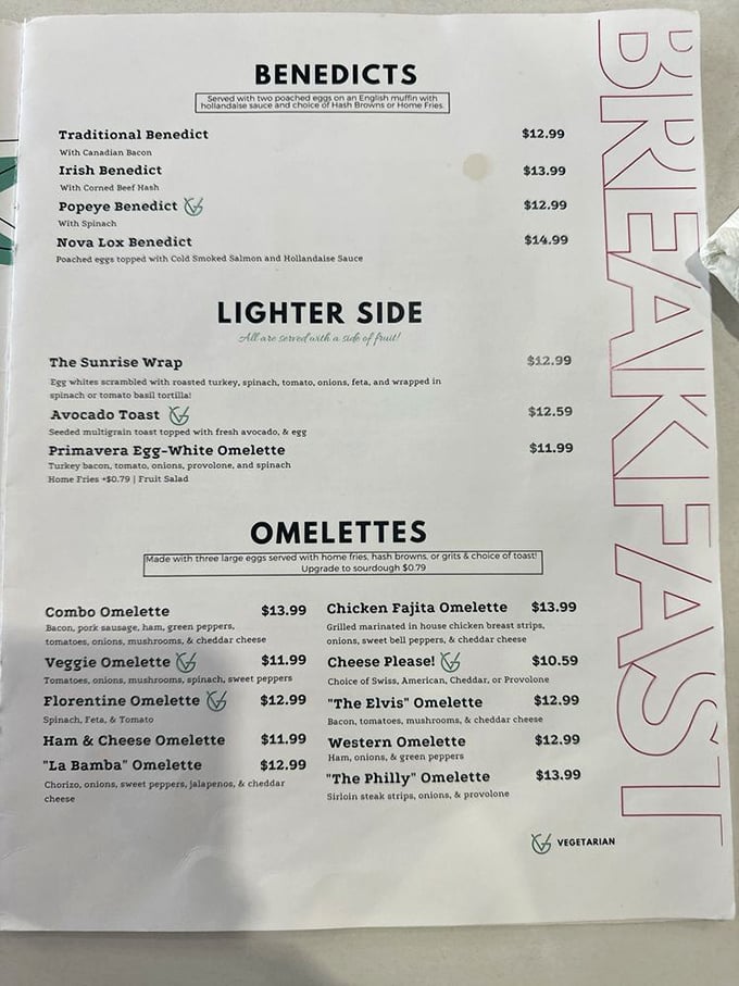 This menu isn't just food options—it's a roadmap to happiness. The Benedict section alone could solve most of life's problems before noon.