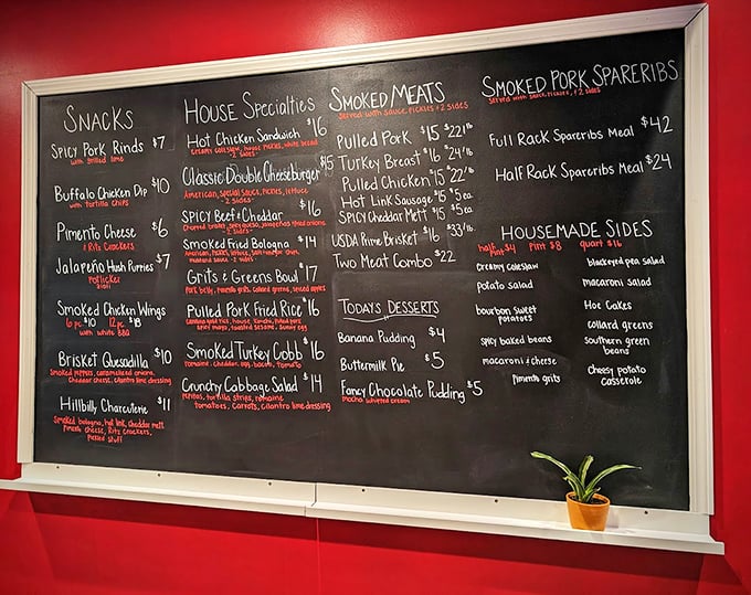 This chalkboard menu isn't just a list—it's a roadmap to happiness. The real challenge? Deciding which smoky masterpiece deserves your attention first.