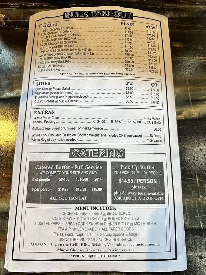 This menu isn't just a list of food—it's a historical document, a passport to Eastern North Carolina barbecue tradition without unnecessary frills.