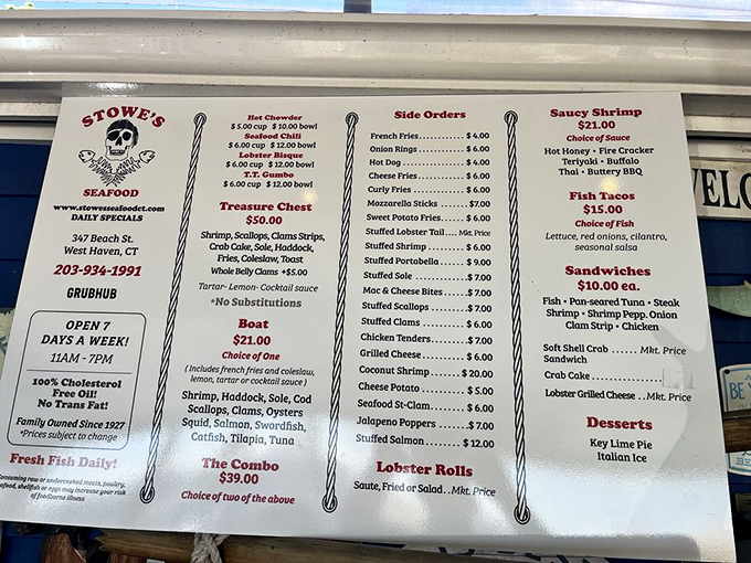 A menu that reads like a love letter to the sea—Treasure Chests, Boats, and Combos that would make Neptune himself place an order.