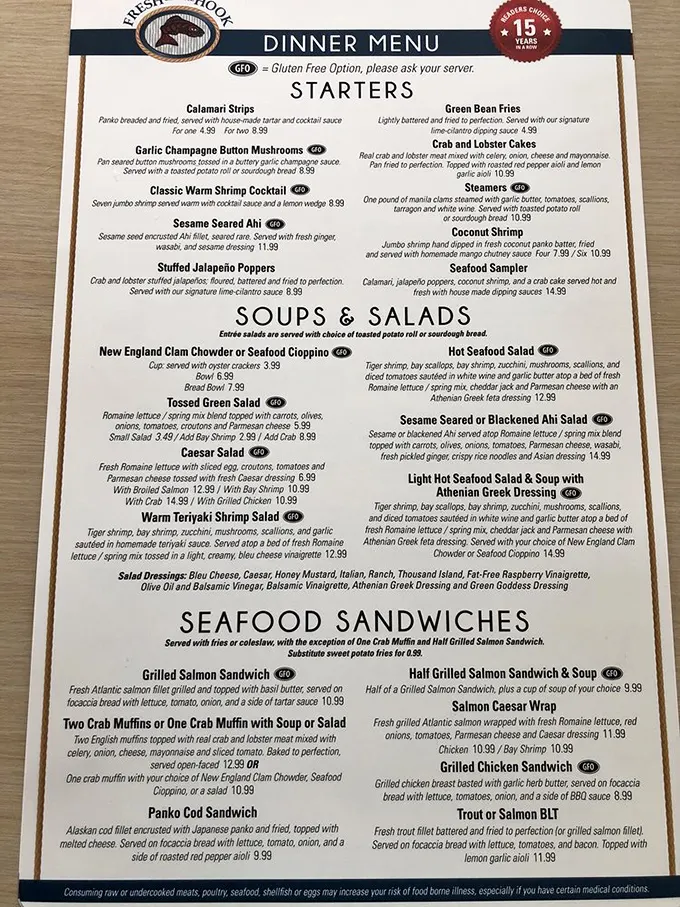 This menu is like a treasure map where X marks every delicious spot—from Crab and Lobster Cakes to Manila Clams steamed in garlic butter.