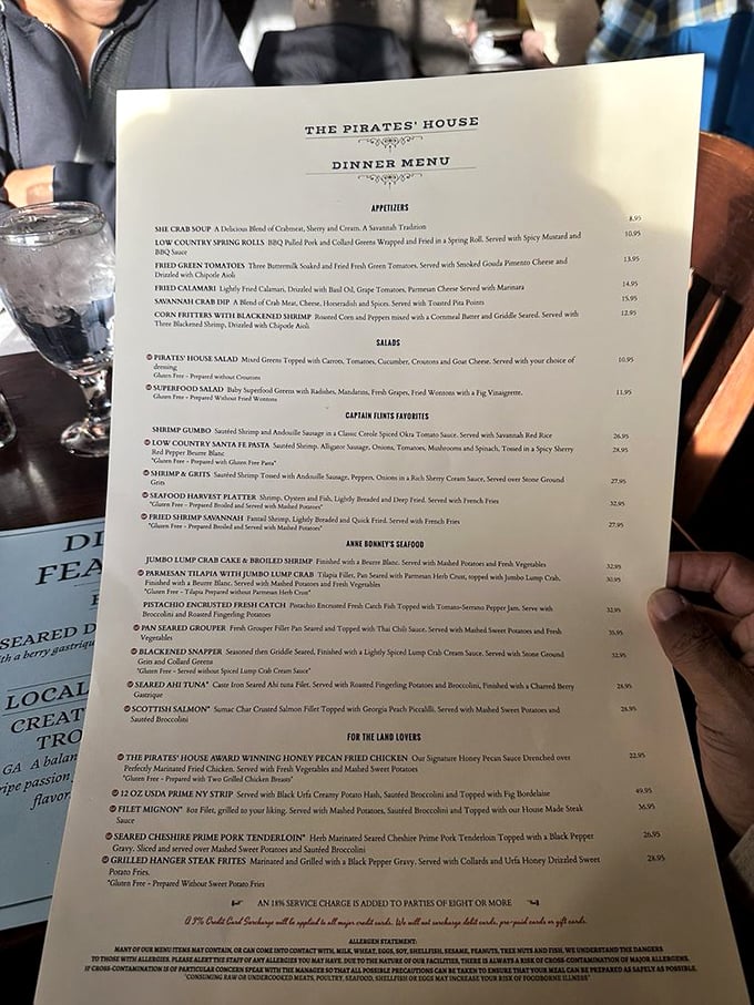 This isn't just a menu—it's a treasure map where X marks the spot for she-crab soup and award-winning honey pecan chicken.