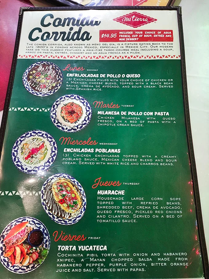 The Comida Corrida menu offers a different special each day of the week—proof that in Texas, even Monday blues can be cured with proper enchiladas.