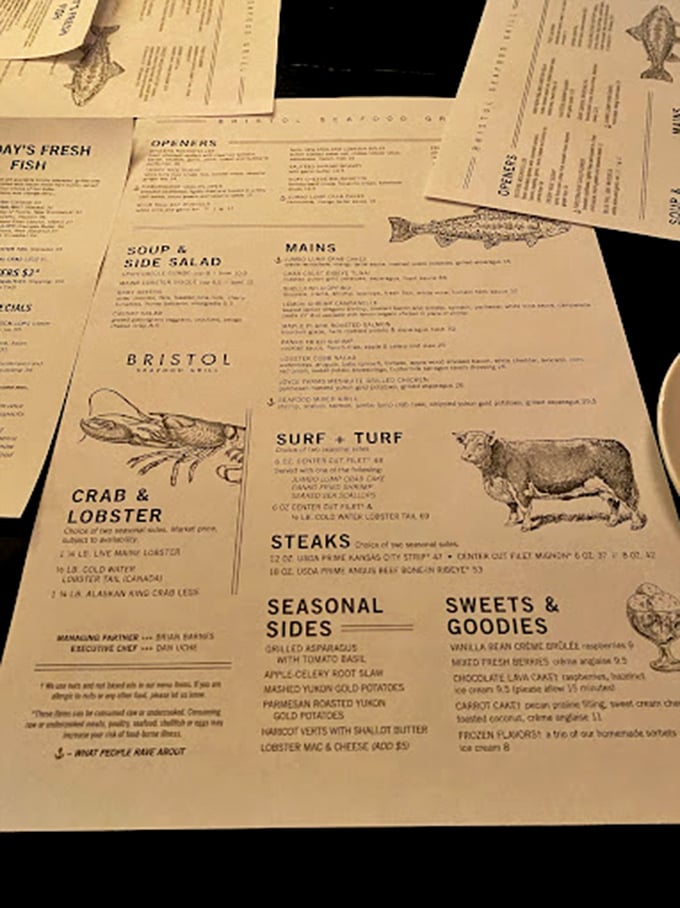 The menu reads like a love letter to the ocean, with illustrations that remind you good seafood is worth traveling for—even in landlocked Kansas.