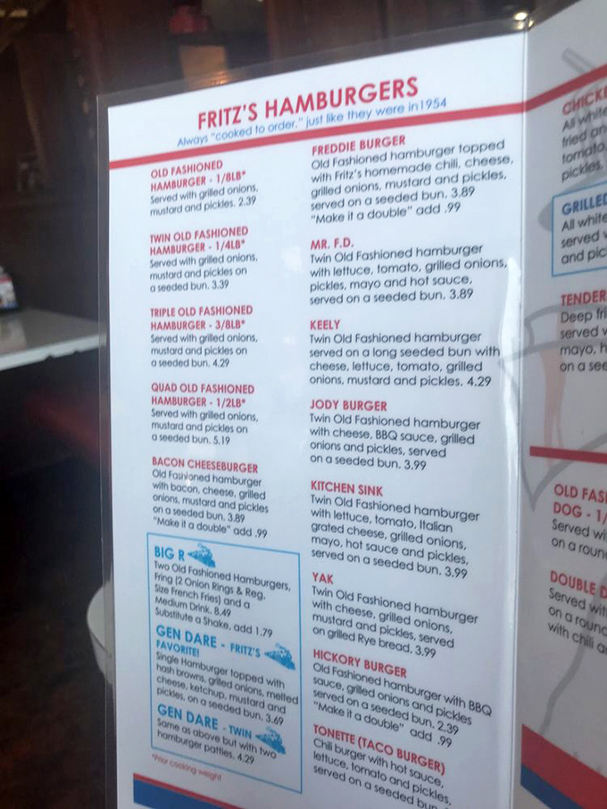 The menu at Fritz's reads like a love letter to classic Americana—burgers named with personality and priced like it's still the good old days.