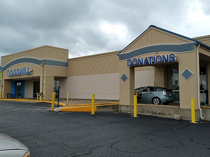 Goodwill's iconic blue signage – the North Star for bargain hunters navigating the secondhand galaxy.
