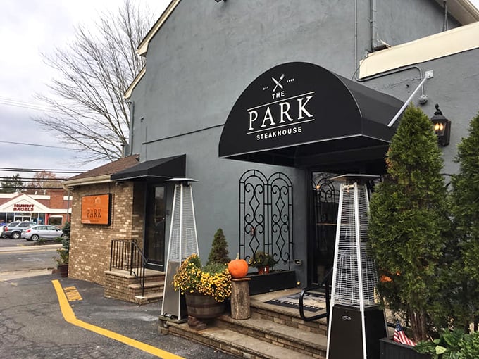 The Park Steakhouse's understated entrance—where New Jersey's carnivores plot their delicious revenge against salad pushers.