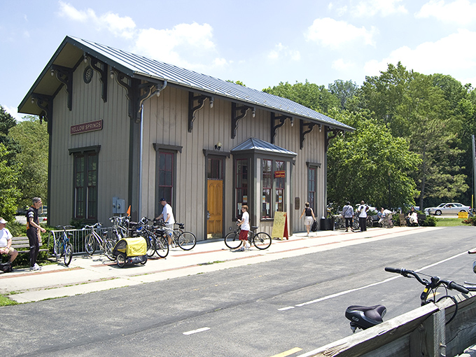 The converted train station anchors Yellow Springs' downtown like a historical bookmark in a very colorful, slightly eccentric novel.