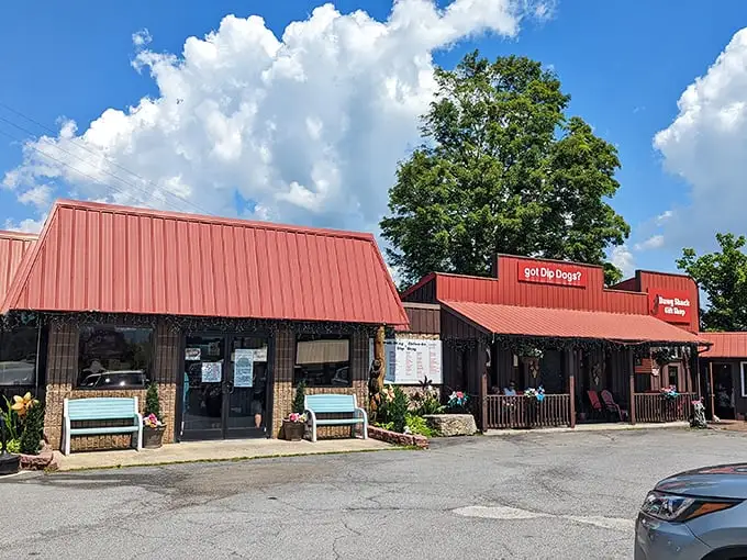 Red roof, wooden walls, and the promise of something called a "Dip Dog"—some places just scream "detour worthy!"
