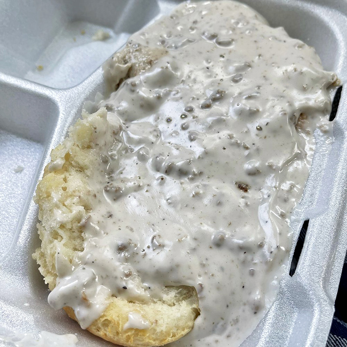 Biscuits and gravy: The ultimate Southern comfort in a styrofoam container. Like a warm hug from your favorite grandma.