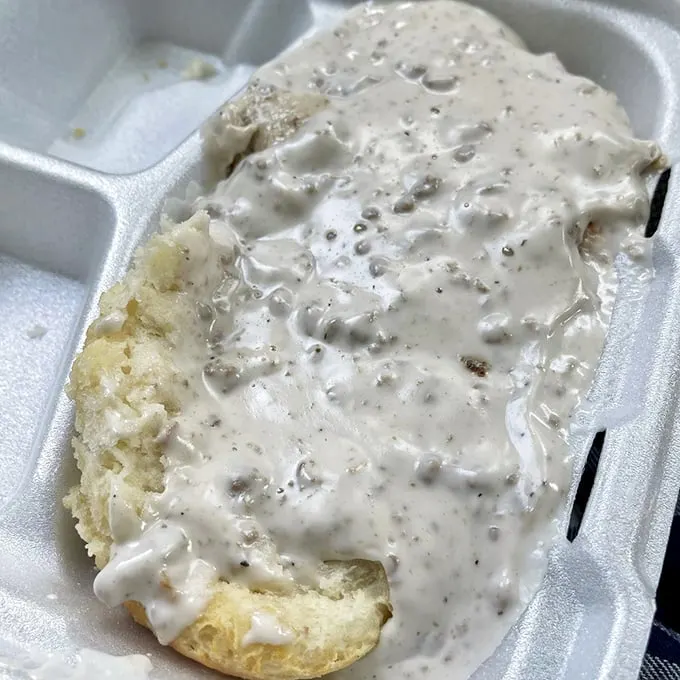 Biscuits and gravy: The ultimate Southern comfort in a styrofoam container. Like a warm hug from your favorite grandma.