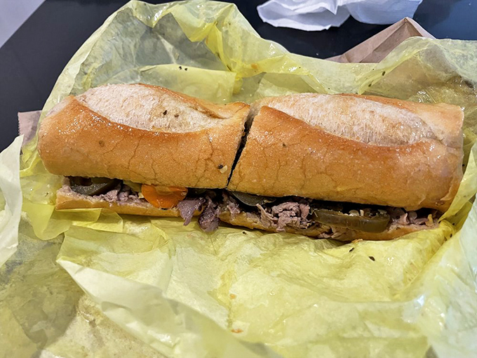 Behold, the Italian beef in its natural habitat—wrapped in paper, ready to drip down your arm. Worth every napkin you'll need.