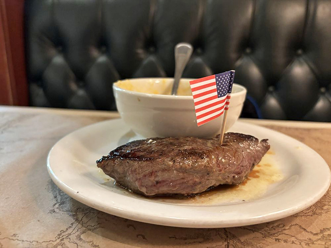 This bison steak, proudly flying the American flag, isn't just dinner—it's patriotism you can eat with a knife and fork.