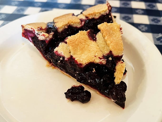 This slice of blueberry pie isn't just dessert—it's a purple-hued masterpiece with a perfectly flaky crust that shatters like delicious glass with each forkful.