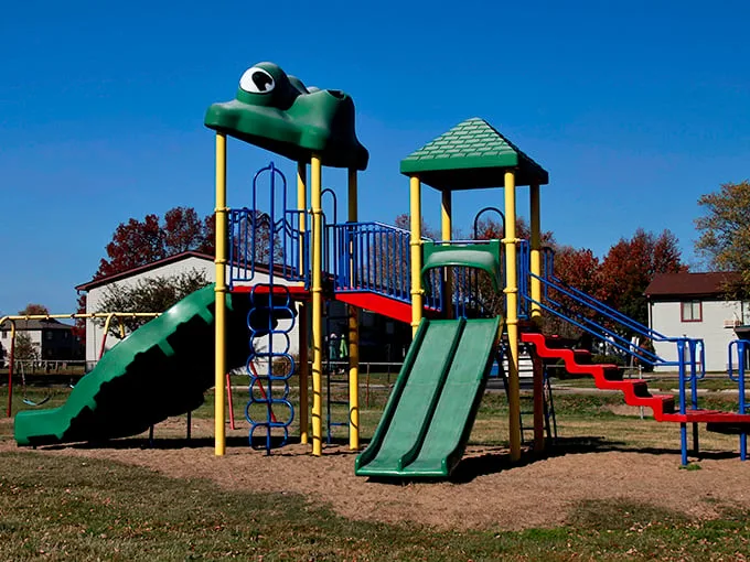 Even the playground equipment in Marion has personality—this frog slide has probably launched more childhood giggles than any amphibian in Southern Illinois.