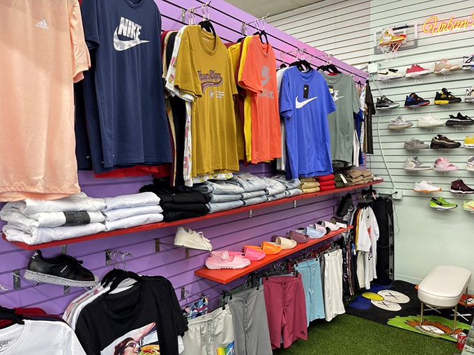 Athleisure paradise with a splash of color therapy. This clothing stall proves that in Florida, even your t-shirts deserve a vacation wardrobe.